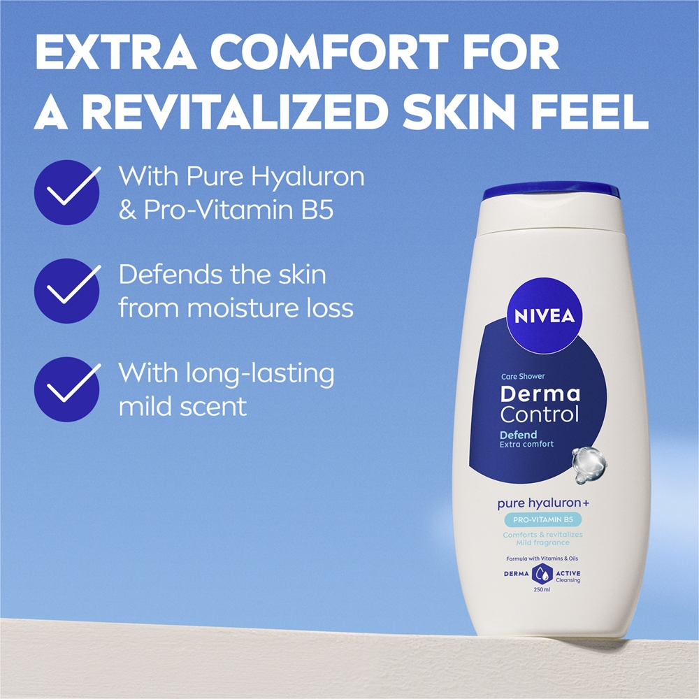 NIVEA Derma Control Defend hoitava suihkugeeli sisältää hyaluronihappoa ...