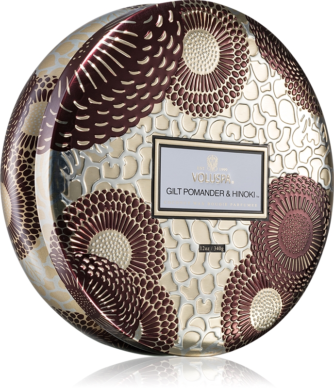 VOLUSPA Japonica Holiday Gilt Pomander & Hinoki scented candle in a tin ...