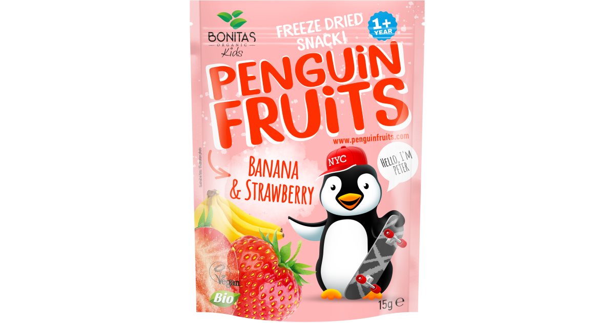 Bonitas Penguin Fruits Banana & Strawberry mrazem sušené ovoce v BIO ...