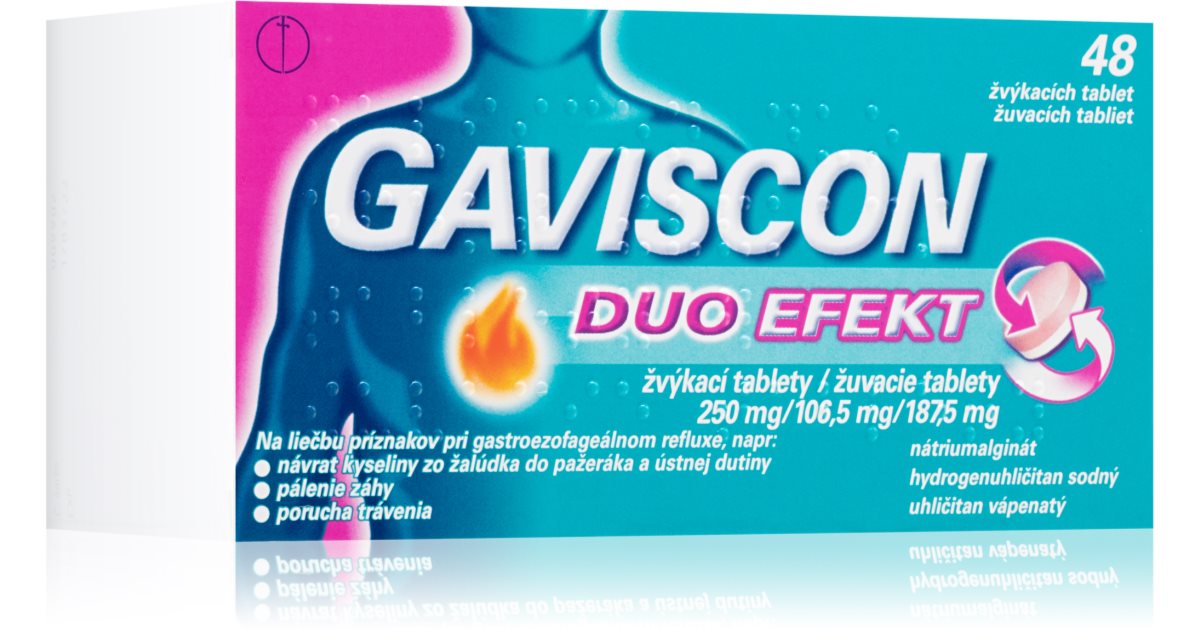Gaviscon Gaviscon Duo Efekt 250 mg/106, 5 mg/187,5 mg žvýkací tablety ...