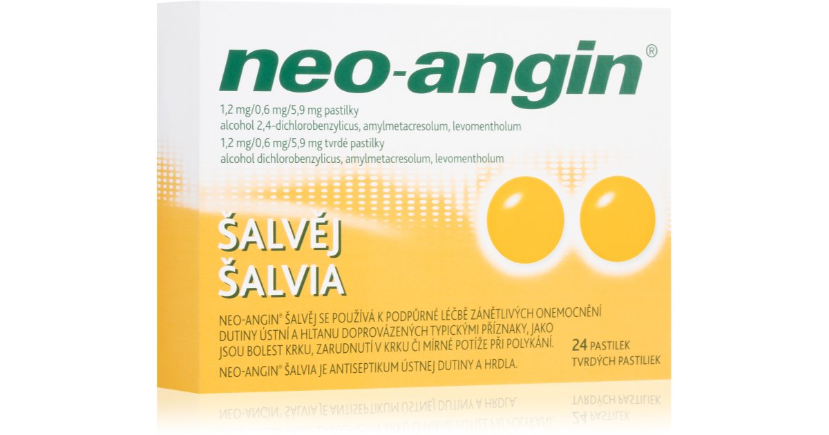Neo-Angin Neo-Angin šalvěj 1,2mg/0,6mg/5,9mg pastilky při zánětu v krku ...