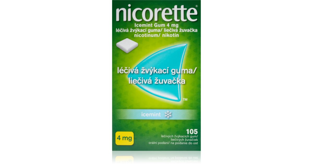 Nicorette Icemint Gum 4 mg léčivá žvýkací guma při odvykání kouření ... Nicorette Icemint Gum 4 mg léčivá žvýkací guma při odvykání kouření ...