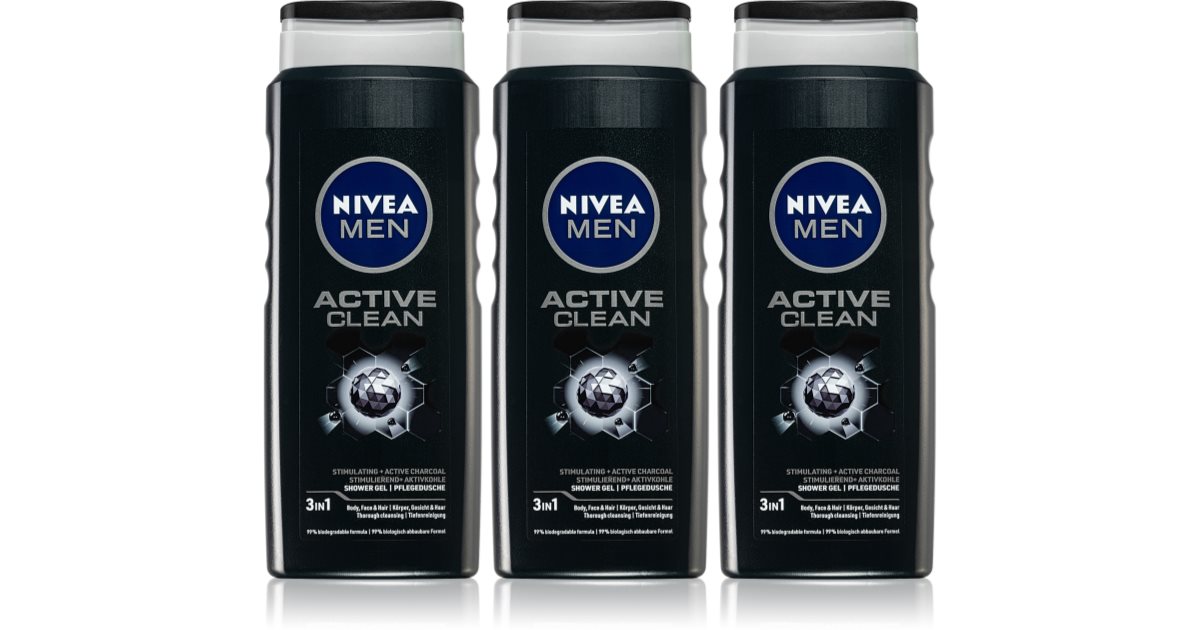 NIVEA MEN Active Clean shower gel for men economy pack 3 x 500 ml ...