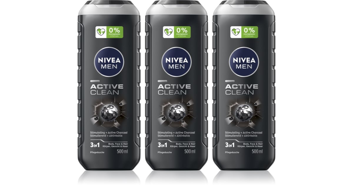 NIVEA MEN Active Clean shower gel for men economy pack 3 x 500 ml ...