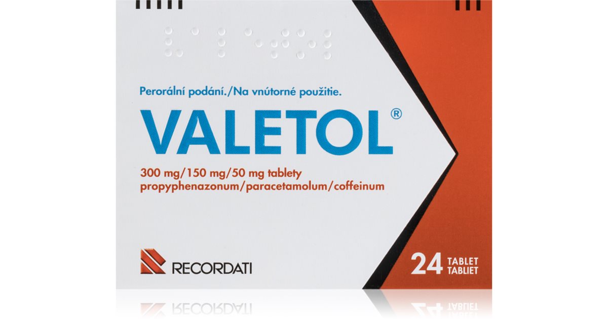 Valetol Valetol 300 mg/150 mg/50 mg tablety na úlevu při bolesti hlavy ...