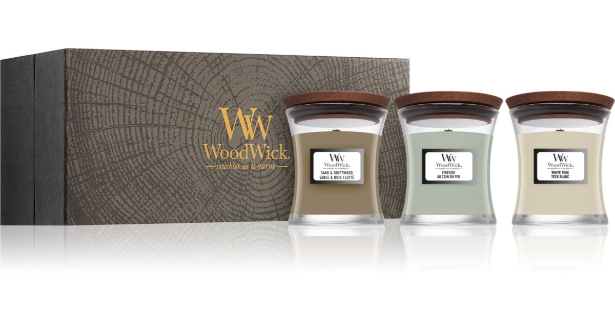 Woodwick Fireside + White Teak + Sand & Driftwood gift set | notino.co.uk