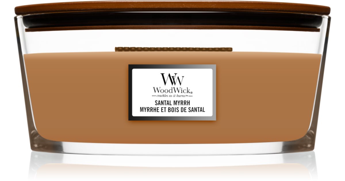 Woodwick Santal Myrrh scented candle with wooden wick (hearthwick ...